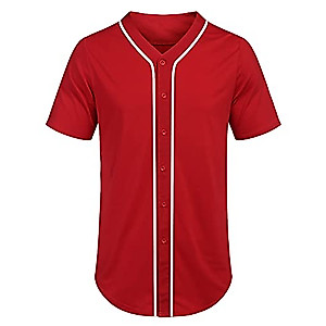 COOFANDY Mens Baseball Jersey Button Down Shirts Sports Hipster Hip Hop Uniforms Men Women Jersey (Red,Large)