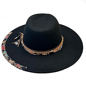 Wotfim Big Wide Brim Fedora Hat for Women Man Felt Panama Hat with Band Western Outdoor hat-Black