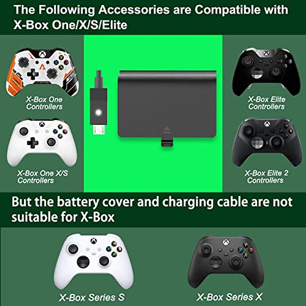 Rechargeable Battery Pack for Xbox One Controller,2x1200mAh Lithium Xbox Batteries+2x8.2Ft Micro USB Charging Cable+2pcs Handle Battery Cover Black for Xbox One/Xbox One S|X/Xbox One Elite Controllers