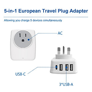 US to UK Ireland Travel Plug Adapter(2 Pack) SHD 5 in 1 Type G Plug Adapter 1USB C,3USB Ports and 1 American Outlets for USA to England Kenya Dubai Irish Scotland