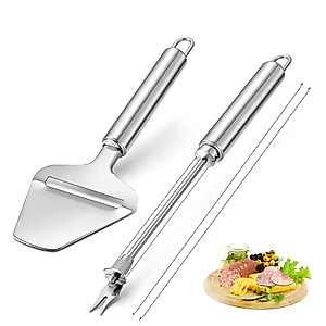 WarmHut Set of 2 Stainless Steel Wire Cheese Slicer for Block Cheese with 2 Replacement Wires, Cheese Cutter Plane Knives for Soft, Semi-hard, Hard Cheeses Kitchen Tool