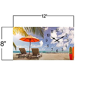 Wall Clock Glass Beach Chairs Decorative 8" x12 Inch Beach Theme Perfect Decor for Kitchen Bathroom Office Battery Operated Clocks Great Nautical Theme for Bedroom Ocean Decoration Ticking Tropical