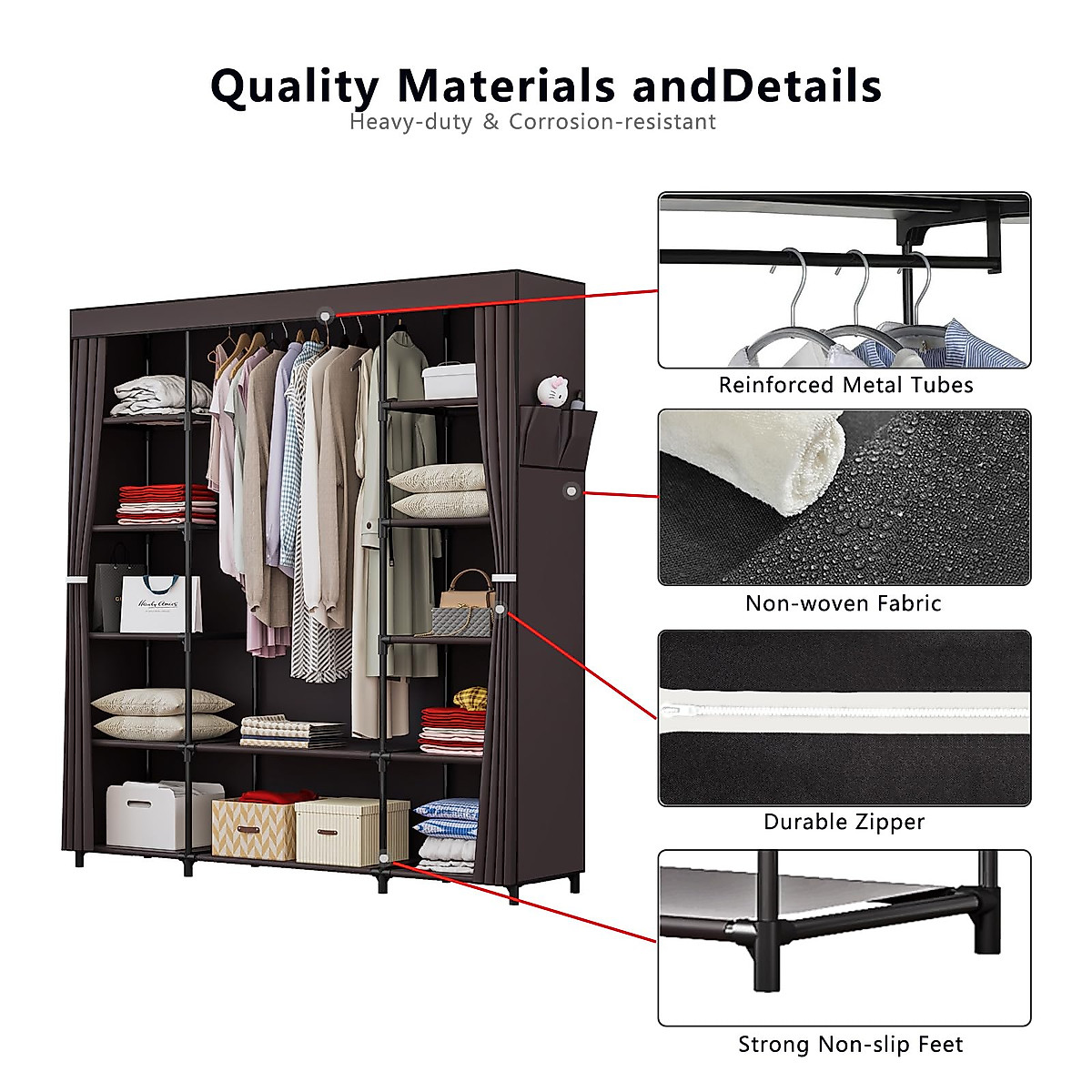 INGIORDAR Portable Closet Wardrobe Organizer Storage with Cover Non-Woben Fabric Portable Wardrobe Closet for Hanging Clothes Racks Shelving 59 Inch for Bedroom, Coffee