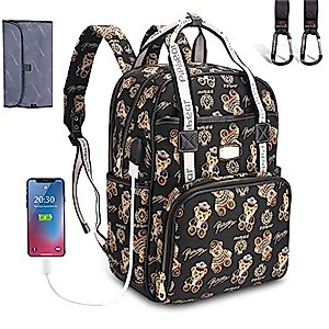 pipi bear Diaper Bag Backpack, Jacquard Diaper Backpack with Changing Pad and USB Charging Port, Stylish Baby Bag for Mom Dad, Black