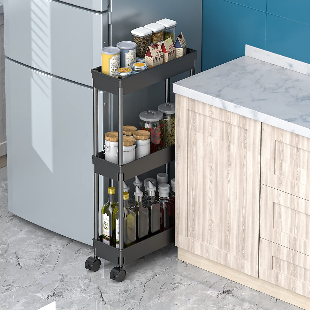 Sooyee 3 Tier Rolling Cart with Wheels,Slim Storage Cart,Narrow Storage Cabinet,Under Desk Storage,Rolling Utility Cart Storage Organizer for Office Bathroom Kitchen Laundry Room Narrow Places, Black