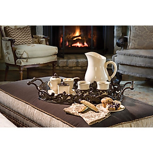 GG Collection Acanthus Leaf Cream Ceramic Cups with Brown Metal Base and Handle (Set of 4)