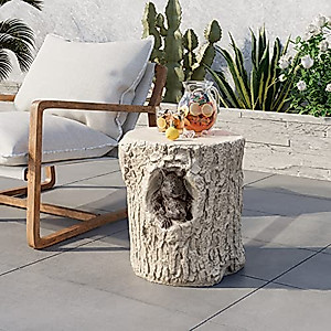 COSIEST Outdoor Antique Beige Side Table Faux Wood, Hand-Painted Wood Stump Stool w Sculpted Squirrel, Outdoor Accent Table, Ottomans, Plant Stand, Deck or Garden