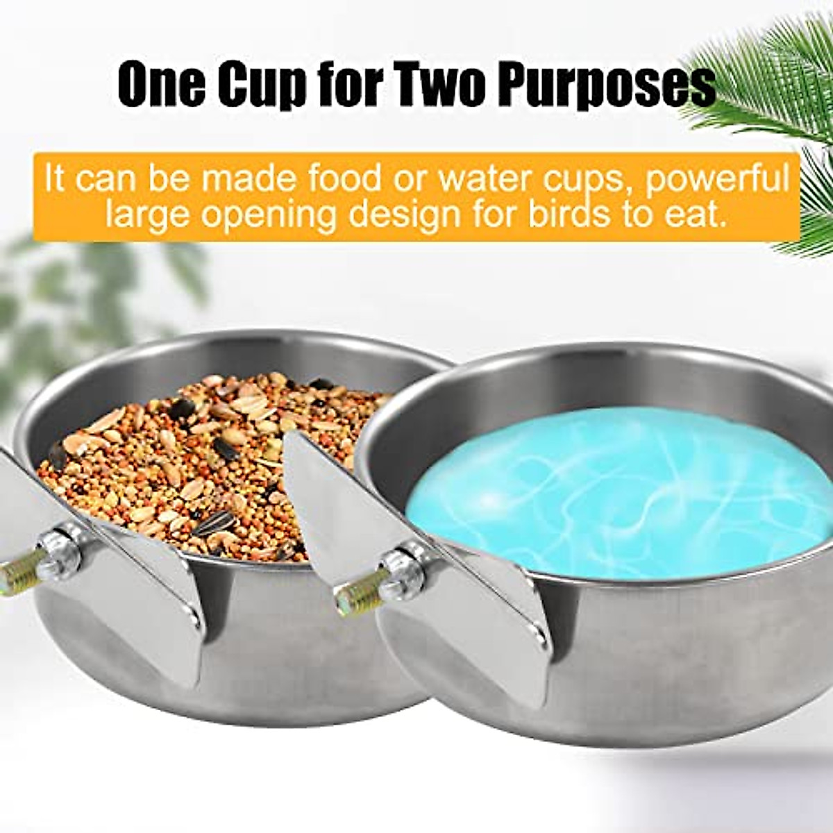 TWUTGAYW 2 Pack Bird Feeding Dish Cups, Stainless Steel Parrot Food Bowl Feeding Food Water, Bird Feeder Bowl for Parakeet African Greys Conure Cockatiels Lovebird Budgie Chinchilla