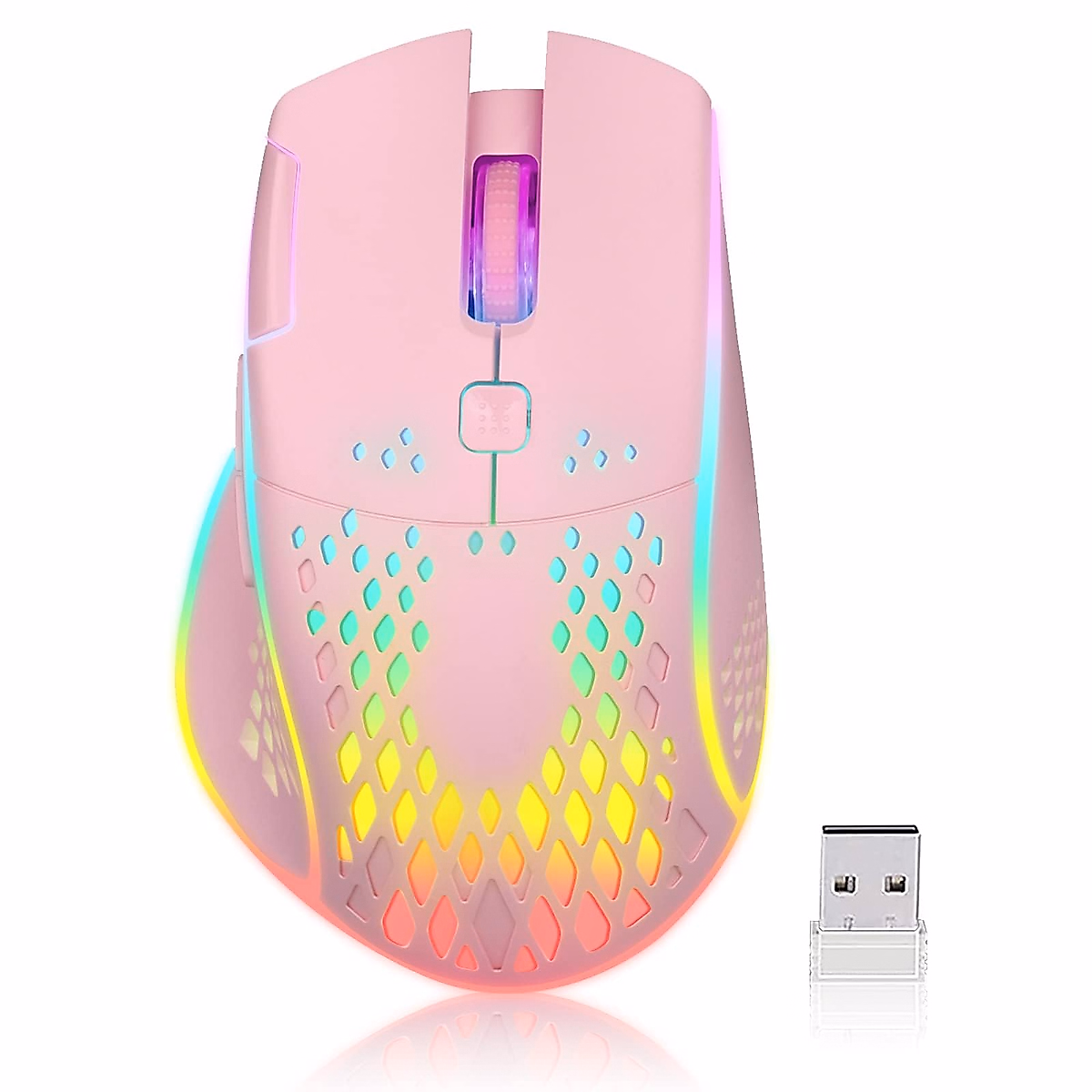 VEGCOO Wireless Gaming Mouse, C30 Silent Click Wireless Rechargeable Gaming Mouse with Double-Click Key and Colorful LED Lights, 3 Level Adjustable DPI for Gaming and Working (Pink)