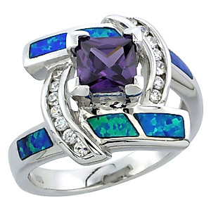 Sterling Silver Blue Synthetic Opal Princess Cut Bypass Ring for Women White & Amethyst CZ 5/8 inch size 7