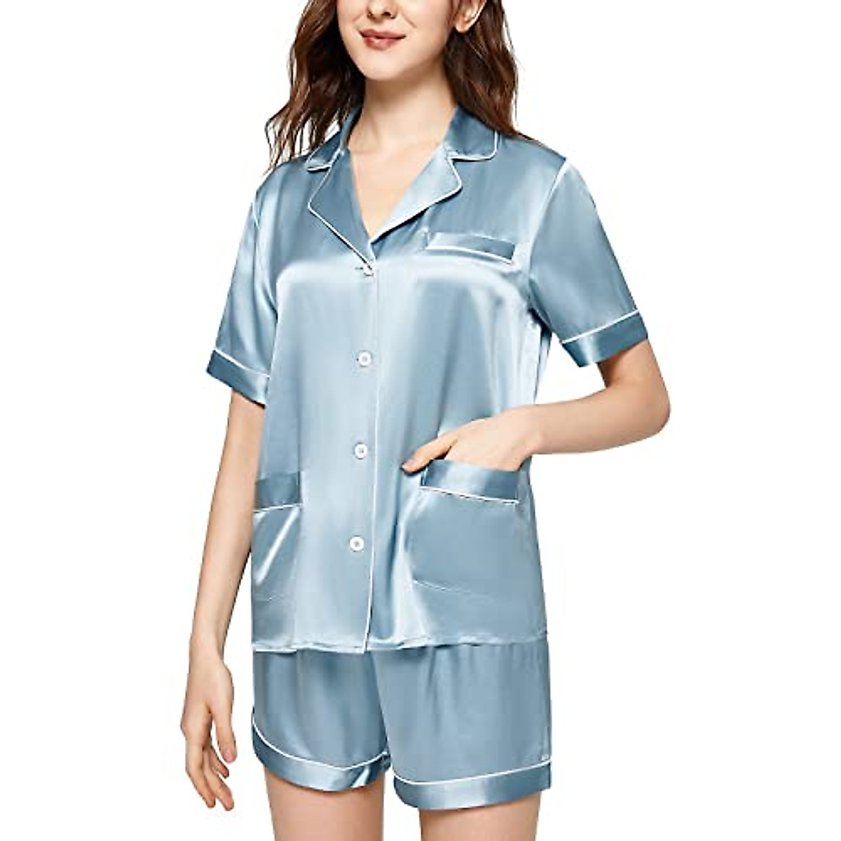 SESILK 100% Mulberry Silk Pajamas Mulberry Silk Sleepwear Short Sleeve Nightgown Silk Nightwear Set with Silk Shorts Silk Home Real Silk Smooth Box Packaging HazeBlue L