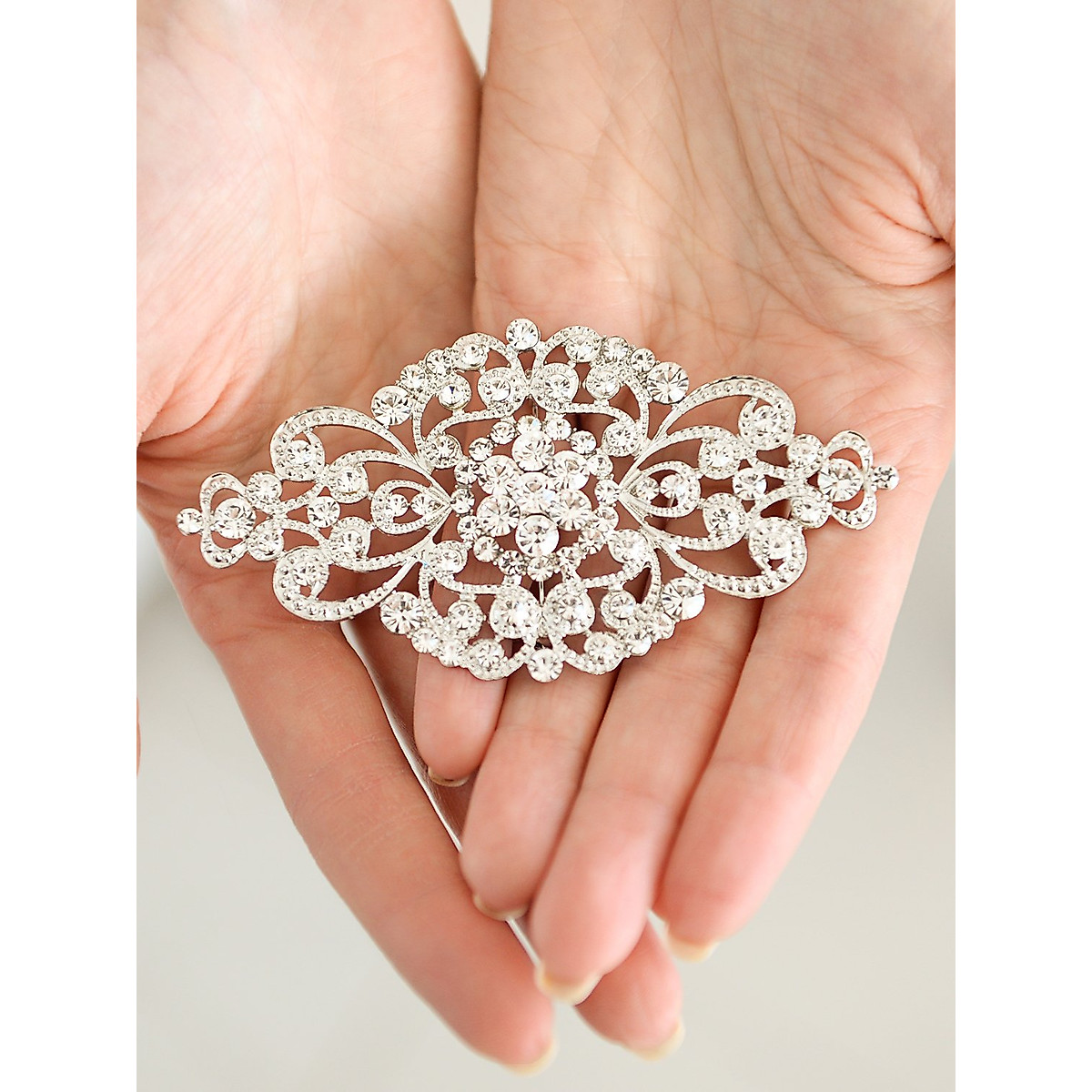 Mariell Vintage Bridal Crystal Brooch Pin, 4" Wide, Antique Silver Wedding Pin, Rhinestone Brooch for Brides and Wedding, Art Deco Fashion Accessory