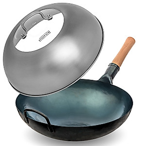 YOSUKATA Blue Round Bottom Wok Pan 14" Wok Lid 13.6 Inch - Premium Stainless Wok Cover with Tempered Glass Insert Steam Holes