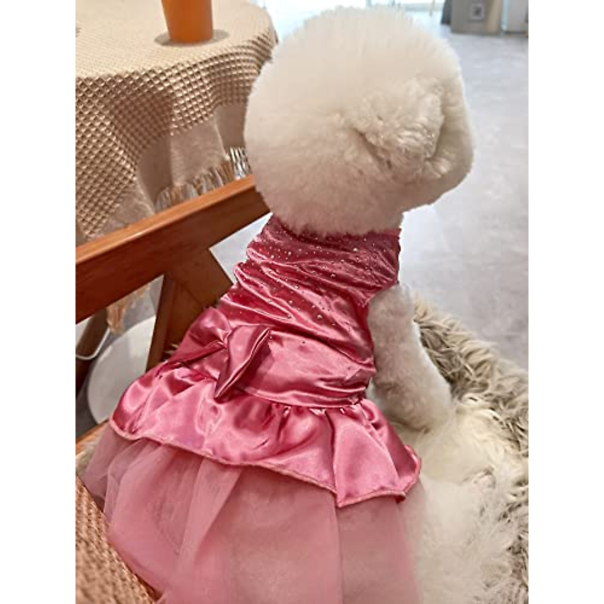 QWINEE Bow Decor Dog Dresses,Sweet Princess Cat Dress Puppy Skirt,Dog Mesh Cake Tutu Dress,Birthday Wedding Party Pet Clothes for Cat Small Medium Dog Doggie Girl Coral Pink M