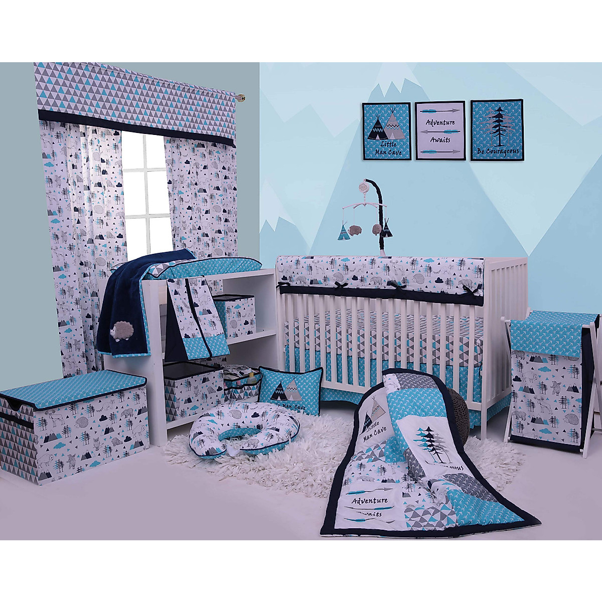 Bacati – Small Storage Tote Woodlands Animals Aqua/Navy/Grey 10X 10 X 10 inches