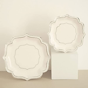 Tableclothsfactory 25 Pack | White/Silver 8" Scallop Rim Dessert Party Paper Plates, Disposable Appetizer Salad Plates - 300 GSM