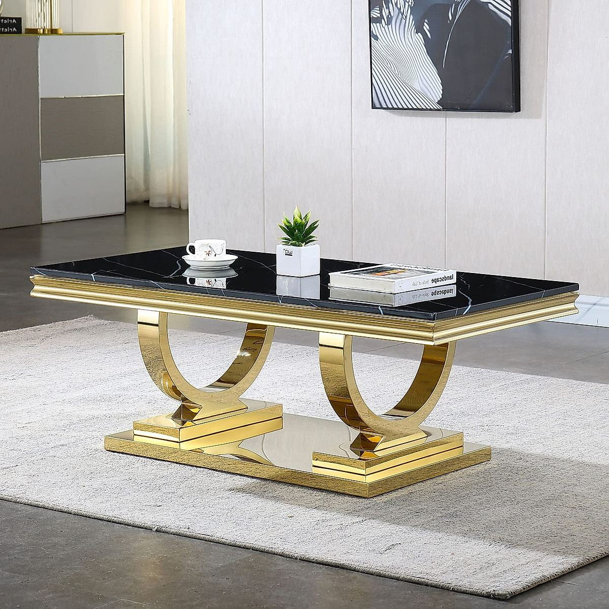 47" Rectangular Marble Coffee Table, Modern Luxury Living Room Center Table, Mid-Century Elegant Black Faux Marble Cocktail Table with O-Shape Gold Mirrored Stainless Steel Pedestal Base