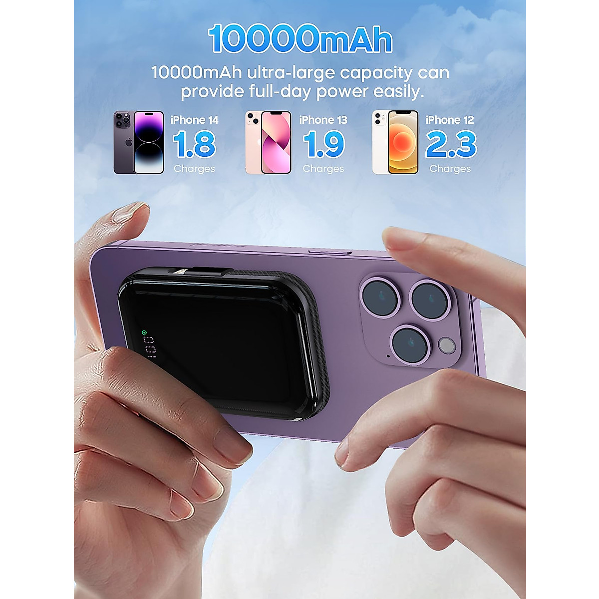 Ceftydy Magnetic Wireless Portable Charger, 10000mAh Battery Pack with USB-C Cable & LED Display, Built-in Lightning Cable, Magnetic Power Bank 20W PD Fast Charging for iPhone 15/14/13/12 Series