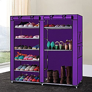 6 Tier Shoe Rack with Dustproof Cover, 30 Pairs Portable Vertical Double Row Shoe Rack Storage Organizer with Nonwoven Fabric Cover Cabinet for Closet & Entryway, Purple