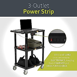 Pearington 3-Shelf Mobile Utility Cart with 3 Outlets and 8' Cord, Heavy-Duty Service Cart for Offices and Warehouses with 3 Shelves, Black