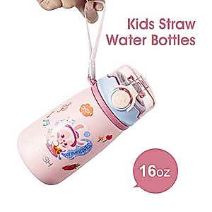 TKK Kids Insulated Water Bottle 16 oz Double Wall Vacuum Stainless Steel Thermos with Leak Proof Straw Lid & Strap Handle & Sticker (Pink)