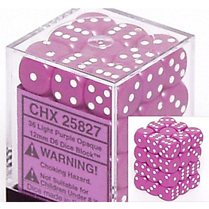 Chessex Dice d6 Sets: Opaque Light Purple with White - 12mm Six Sided Die (36) Block of Dice