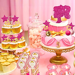 MEMOVAN Hot Pink Girl Cake Toppers 36pcs Ball Cake Decorations with Hot Pink Gold Balls Shiny Stars for Boho Girl Hot Pink Princess Theme Wedding Baby Shower Birthday Party Supplies