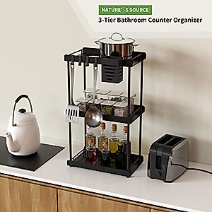 Bathroom Organizer Countertop- 3 Tier Iron Bathroom Organizer with Hair Dryer Holder, Detachable Cups and Hooks- Bathroom Sink Organizer Countertop Storage for Bathroom, Kitchen, Bedroom, Living Room(Black)