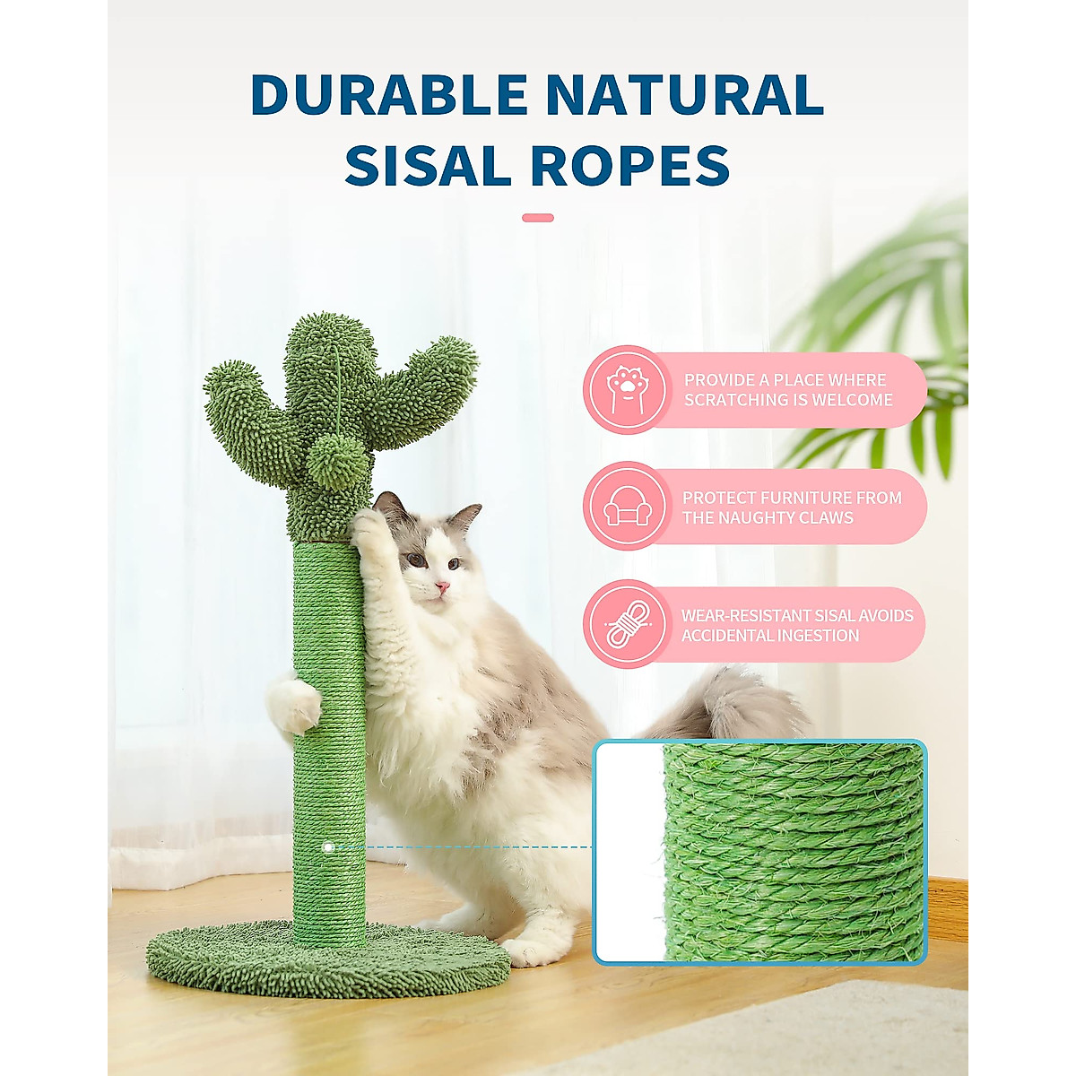 Made4Pets 34" Tall Cat Scratching Post, Cactus Cat Scratcher Kitten Scratching Posts for Indoor Cats Adults Claw Scratch with Sisal Rope, Vertical Green Cat Tree with Dangling Ball for Kitties Large