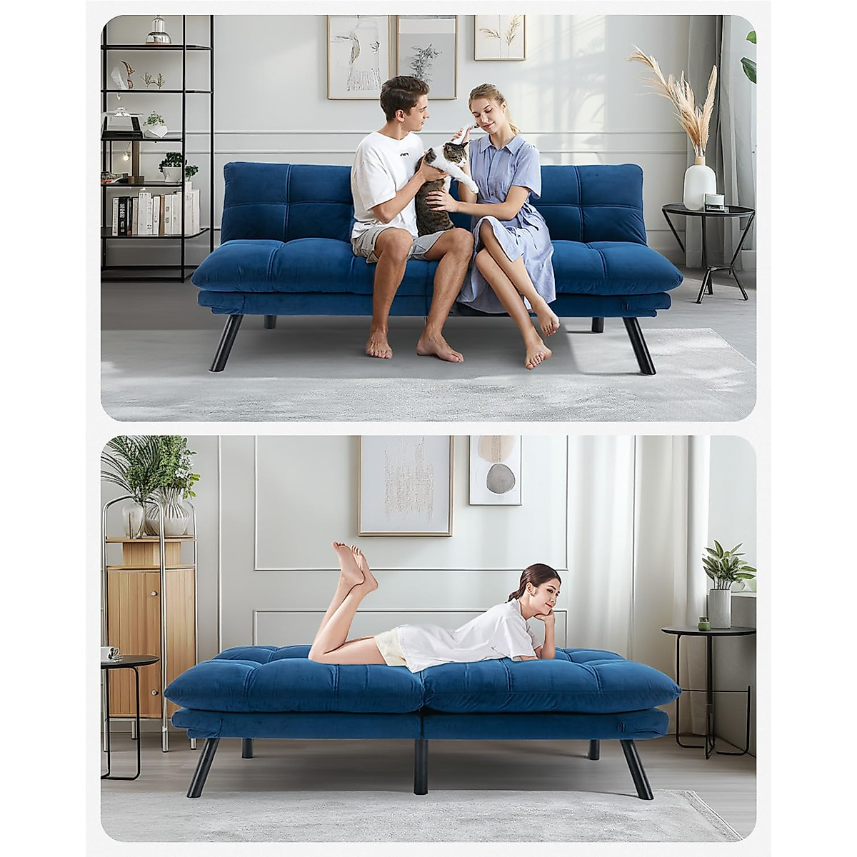 Velvet Convertible Futon Sofa Bed, 71" Comfy Loveseat Sleeper Sofa with Adjustable Backrest Armrest, Strengthen Wood, Thick Padded Cushion, Small 2 Seater Futon Couch for Living Room,Bedroom (blue)