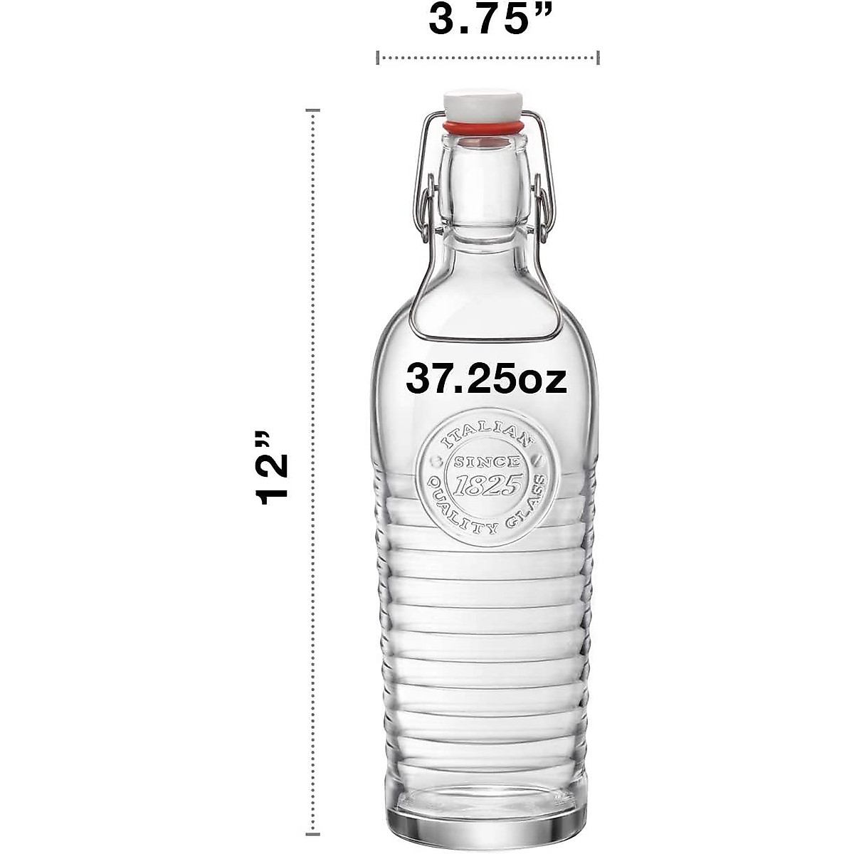 Bormioli Rocco Officina Water Bottle | 37.25oz, Italian Glass Pitcher | Airtight Seal & Metal Clamp | Easy-To-Carry Handle, Dishwasher Safe, Eco-Friendly | Safe For Infused & Carbonated Drinks