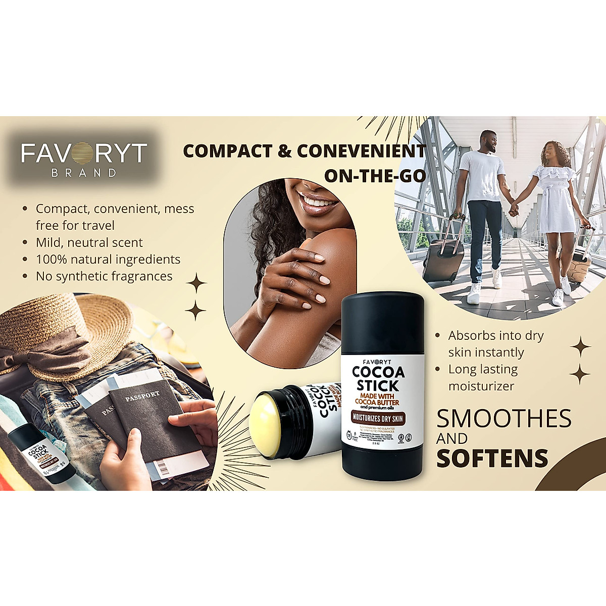 FAVORYT Cocoa Butter Stick – All-Natural Moisturizing Lotion Stick with Cocoa Butter, Almond Oil, Jojoba Oil, Avocado Oil – Warm and Natural Body Butter Stick Flavor for Women, Men, Kids – 1oz