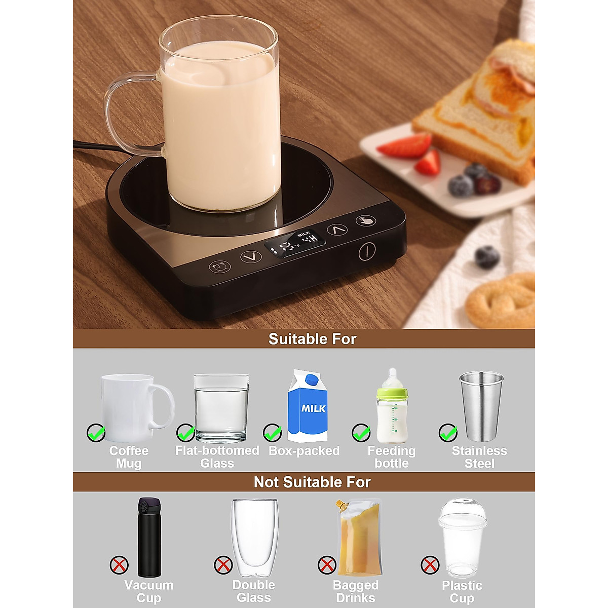 Rigstne Coffee Mug Warmer - 50W Mug Warmer for Desk, Coffee Cup Warmer Fast Heating, Candle Warmer Plate for Travel, Office and Home, 15 Temp Settings, Black