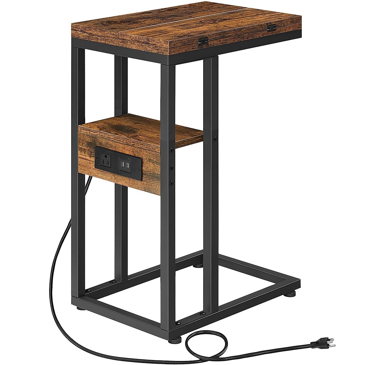 HOOBRO Foldable End Table, C Shaped Side Table with Charging Station, Sofa Couch Table That Slide Under for Living Room Bedroom Small Spaces, Easy Assembly, Rustic Brown and Black BF29USF01