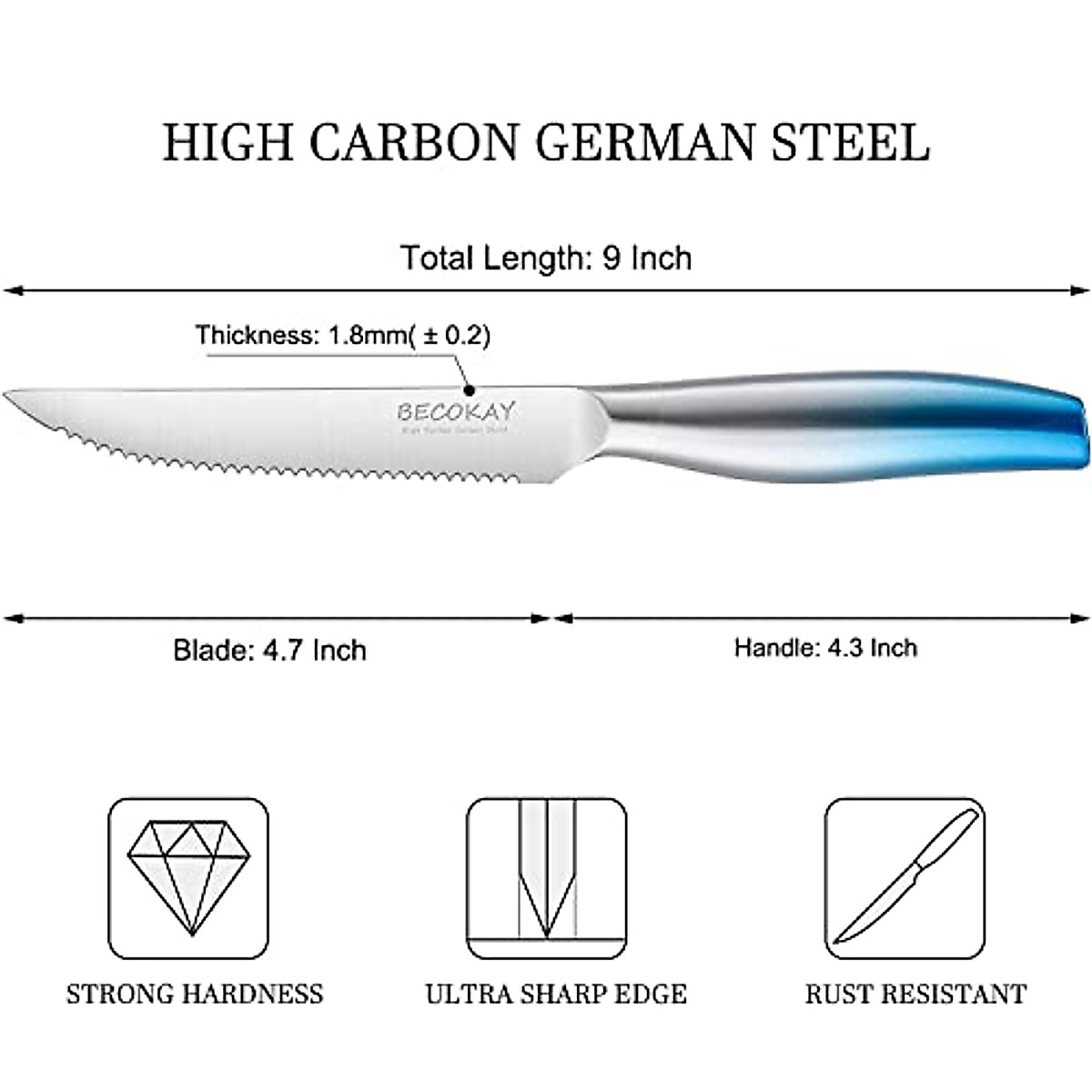BECOKAY Steak Knives Set of 4, High Carbon German Stainless Steel Serrated Steak Knives, Ultra Sharp Steak Knife, Elegant Blue Kitchen Knife with Ergonomic Handle Gift Box for Mom Girlfriend Outdoor