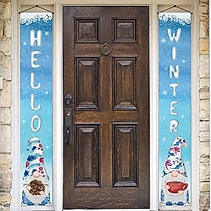 Pudodo Hello Winter Gnome Porch Banner Swedish Elf Snow Christmas Xmas Holiday Front Door Sign Wall Hanging Party Decoration