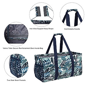 Extra Large Utility Tote Bag Beach Bag Reusable Grocery Bags Collapsible Tote with Wire Frame for Groceries Storage Picnic Leaves 3