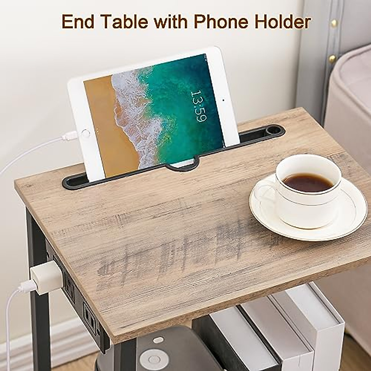 AMHANCIBLE Small Nightstand Set of 2, Side Tables with Charging Station, Night Stand with USB Ports and Outlets, End Tables for Small Space, 2-Tier Storage Shelf, Metal Frame HET032GY