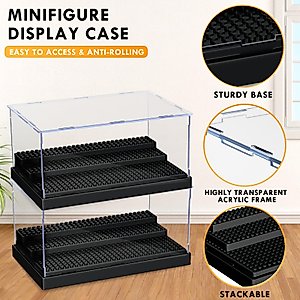KKU Display Case for Minifigure Action Figures Blocks, Acrylic Minifigure Display Case Box Storage with 3 Movable Steps Gift for Kids Adults (Black, 1 Pack)