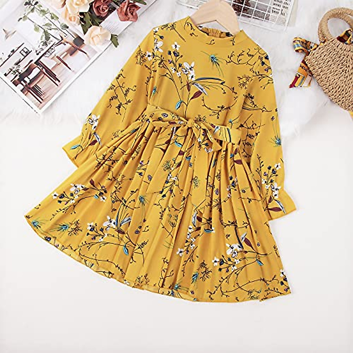 CM C&M WODRO Toddler Baby Girl Floral Dress Long Sleeve Mustard Yellow Dresses Flower Print Ruffle Playwear Fall Winter Dress(Yellow,5-6 Years)