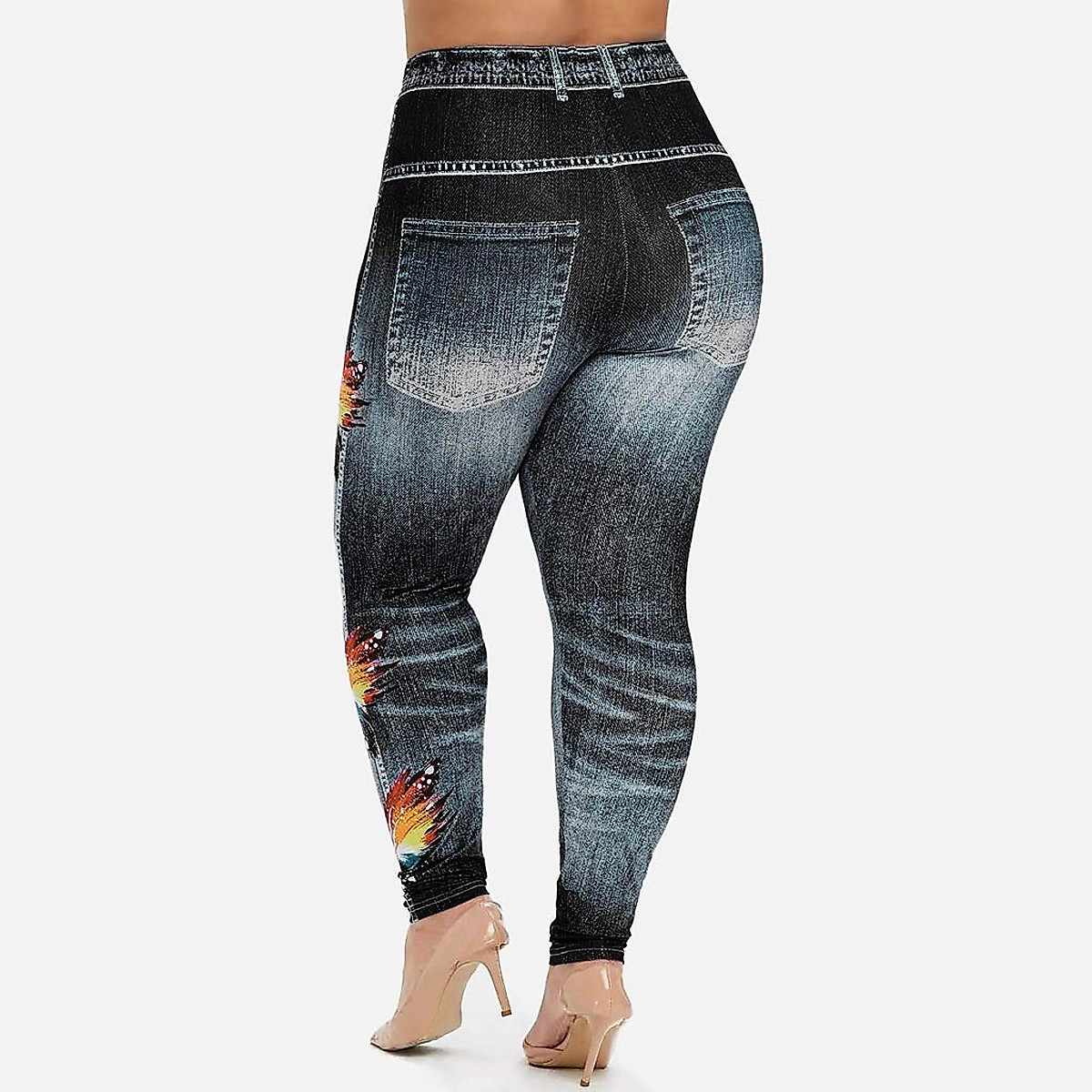 MAYW Stretchy Comfy Seamless Skinny Denim Print Fake Jeans,Women's Denim Print Fake Jeans Seamless Full Length Leggings,Casual High Waist Flower Printed that Look Like Jeans for Women,black,XX-Large