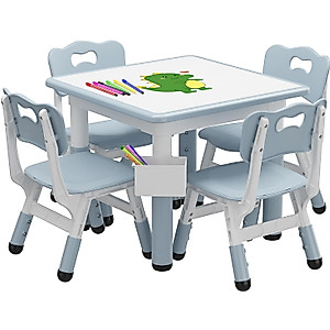 GAOMON Toddler Table and 4 Chairs Set with Graffiti Desktop, Height Adjustable Kids Table and Chairs Set, Non-Slip Legs, 4 in 1 Activity Table Play Table for Reading, Drawing, Playing, Eating
