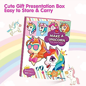 Mocoosy 48PCS Unicorn Stickers for Girls Age 4-6, Unicorn Party Favors Art Crafts for Toddlers 3-5, Make Your Own Face Stickers Birthday Game Activities, Goodie Bag Stuffers Kids Valentine's Day Gifts