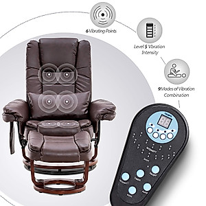 MCombo Recliner with Ottoman Chair Accent Recliner Chair with Vibration Massage, Removable Lumbar Pillow, 360 Degree Swivel Wood Base, Faux Leather 9096 (Dark Brown)