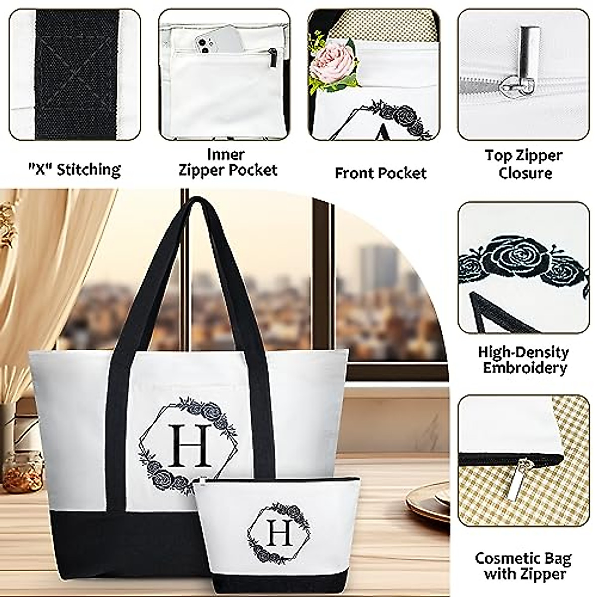 AUNOOL Personalized Tote Bag for Women Initial Embroidery Makeup Bag, Canvas Beach Tote with 2 Pockets, Bridal Party Gifts Reusable Grocery Bags for Wedding Holiday Shopping Picnic Travel Letter E