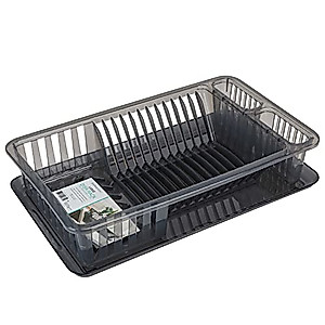 Kitchen Details Medium Dish Rack with Tray | Plastic | Dimensions: 17.6" x 10.75" x 3.75” | 12 Plate | Kitchen Accessories | Cutlery Basket | Grey | Sink Accessories