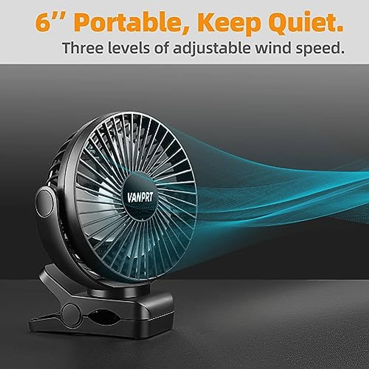 VANPRT 5000mah Clip on Fan, 6'' Portable Rechargeable Battery Fan, 7-30 Working Hours, 3 Speeds Strong Airflow, 720° Rotation, Quiet, Strong Clamp for Desk/Office/Golf/Car/Gym/Treadmill - Black