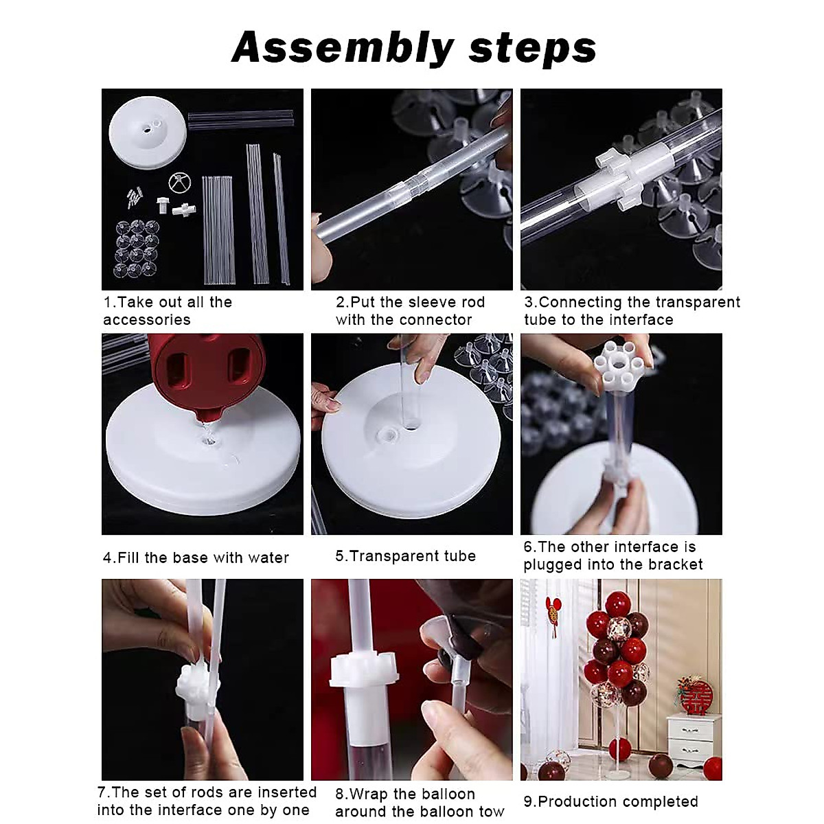 4 Set Balloon Column Stand Kit 5 FT, Balloon Flower Clips, Balloon Decorating Strips, Glue Points, Knotter for Birthday Baby Shower Wedding Graduation Christmas Bachelorette Holiday Party