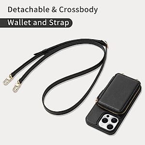 ZVE for iPhone 15 Pro Max Wallet Case Crossbody, Card Holder Phone Purse for Women, RFID Blocking Zipper Leather Cover with Wrist Strap for iPhone 15 Pro Max (6.7 inch)- Black