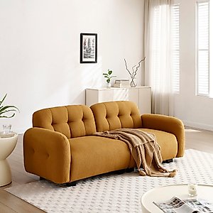 81.48" Modern Sofa Couch,3-Seater Teddy Sofa Sectional with Wooden Legs for 3-4 Persons, Upholstered Deep Seat Love Seat Sofa Chaise for Living Room,Bedroom, Apartment and Office (Cognac, 81.48)